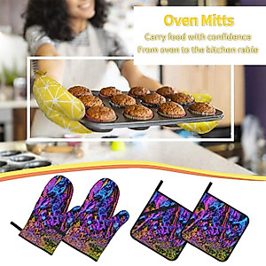 Rainbow Titanium Glass Oven Mitts and Pot Holders Set Heat Resistant Non-Slip Kitchen Gloves Washable Microwave Gloves with Soft Cotton Lining for Cooking Baking Grilling Barbecue