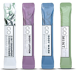 Go Essentials Travel 2 in 1 Shampoo/Conditioner 20 Unit Box Variety Pack (5 of each - shampoo/conditioner, lotion, mouthwash and body wash)