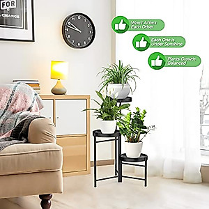 iDavosic.ly 3 Tiers Corner Plant Stand for Indoor Outdoor, Foldable Small Tiered Plants Holder Display Rack with 3 Trays, Flower Pot Tall Shelf for Living Room Balcony Garden Patio (Round, Black)
