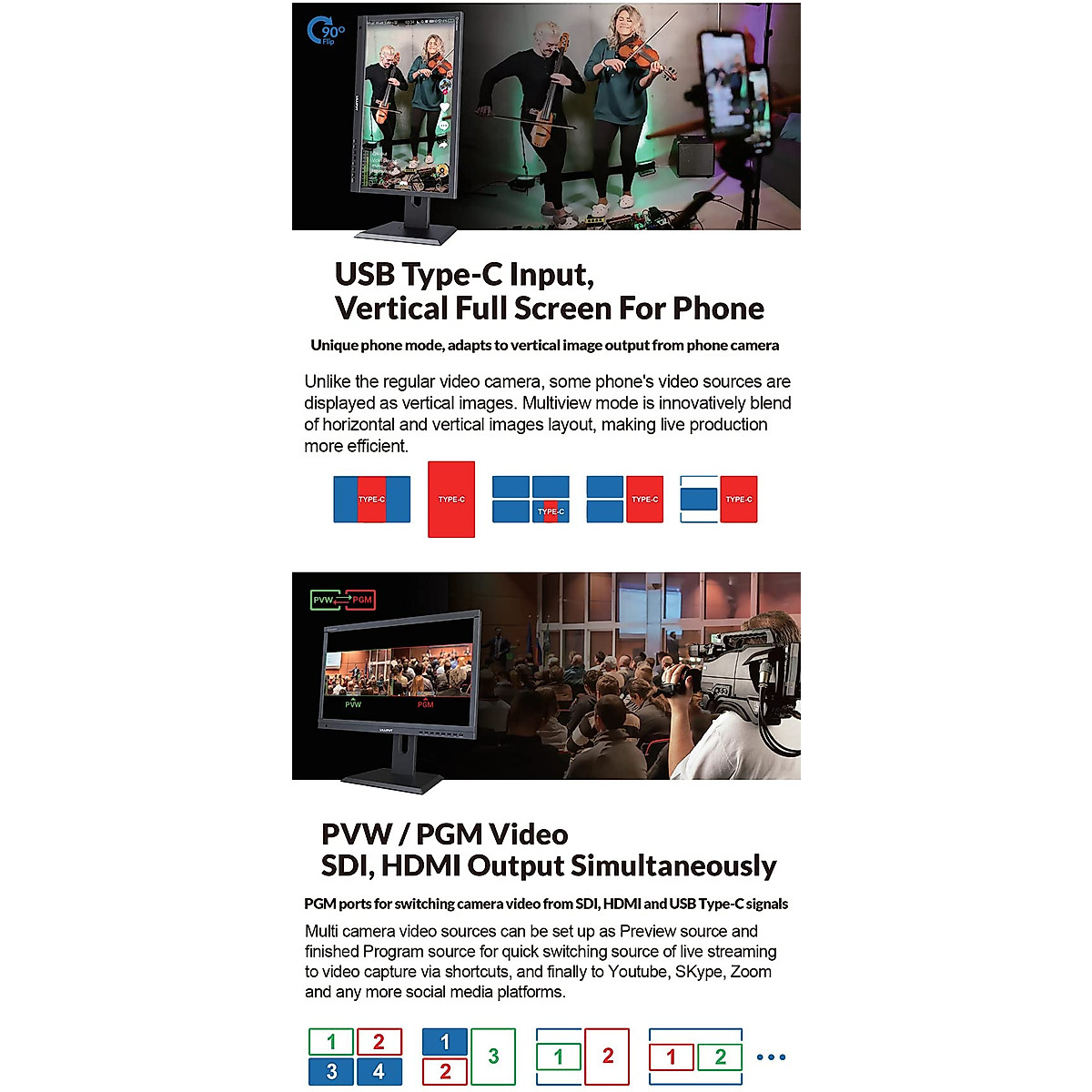 LILLIPUT Lilliput Live Stream Monitor 21.5 inch Quad Split Multi View IPS 1920x1080 HDMI 3G-SDI PVM220S Type-C Input Video Assist