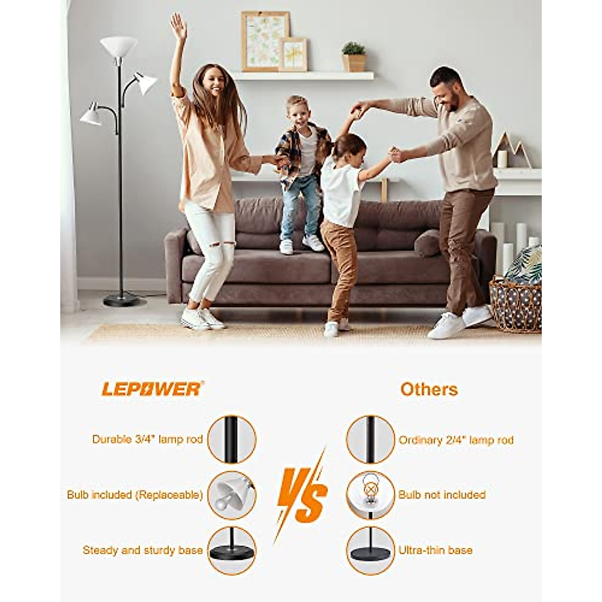 LEPOWER Floor Lamp with Replaceable 3000K Energy-Saving LED Bulbs , 9W LED Standing Lamp with 5W Adjustable Reading Lights, Modern Bright Black Floor Lamp for Living Room, Bedroom, Office