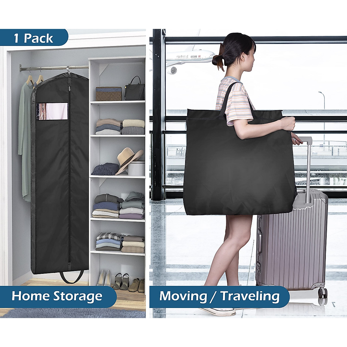 MISSLO 65" Gusseted Hanging Garment Bags for Travel Long Dress Cover Water Resistant Sturdy Fabric Dress Bags for Gowns Long Closet Clothes Protectors, Black