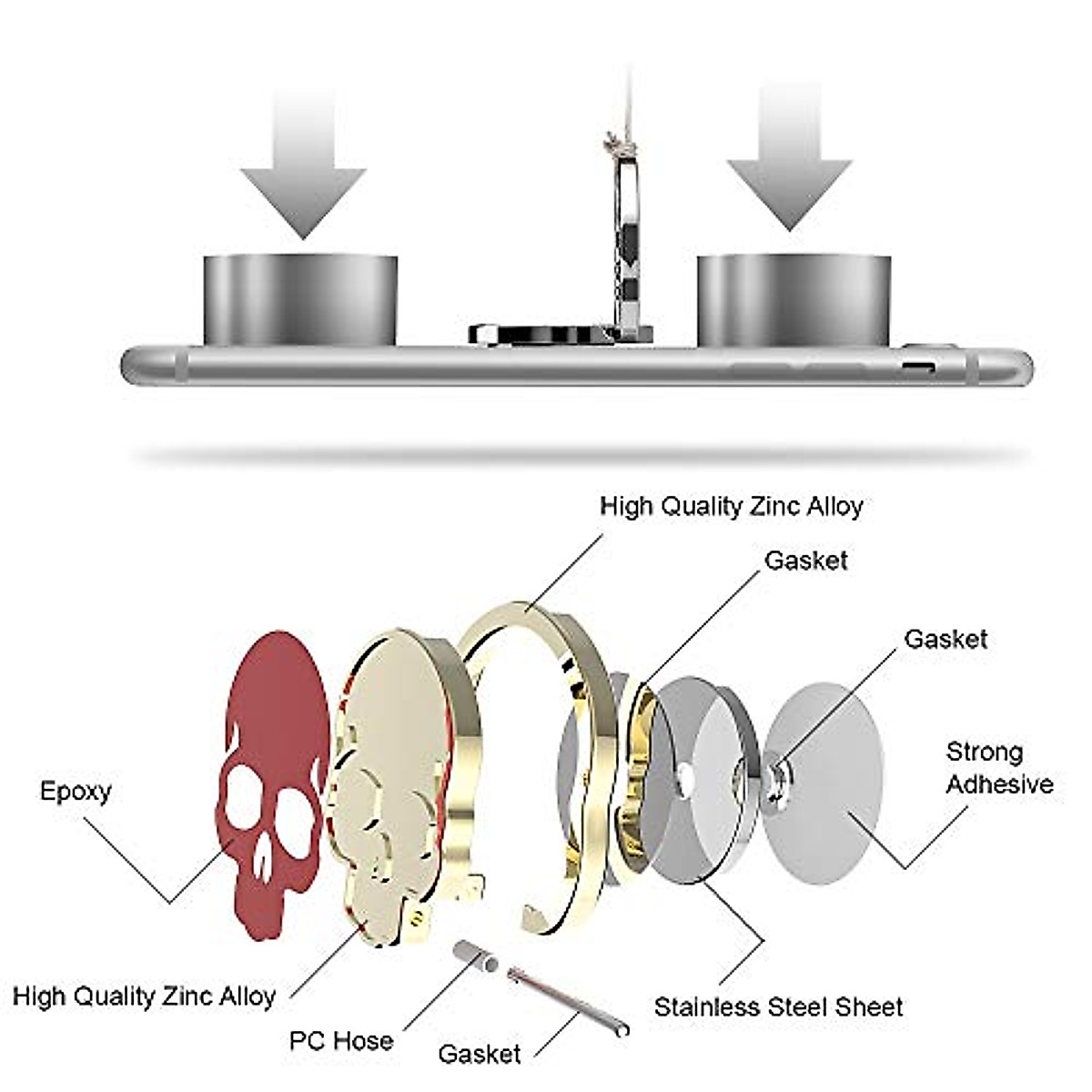 3 Packs Skull Shape Phone Ring Holder in 3 Colors, DaKuan 180° Adjustable Metal Stand Finger Grip Kickstand (Black, White, Red)