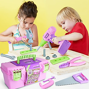 Kids Tool Set with Electric Toy Drill Tool Box for Girls, Pink Toddler Tool Set Kids Power Construction Pretend Play Tools Set Toy Hammer Tools Kit for 3 4 5 6 7 8 Year Old Girls Boy Kids Toddlers Toy