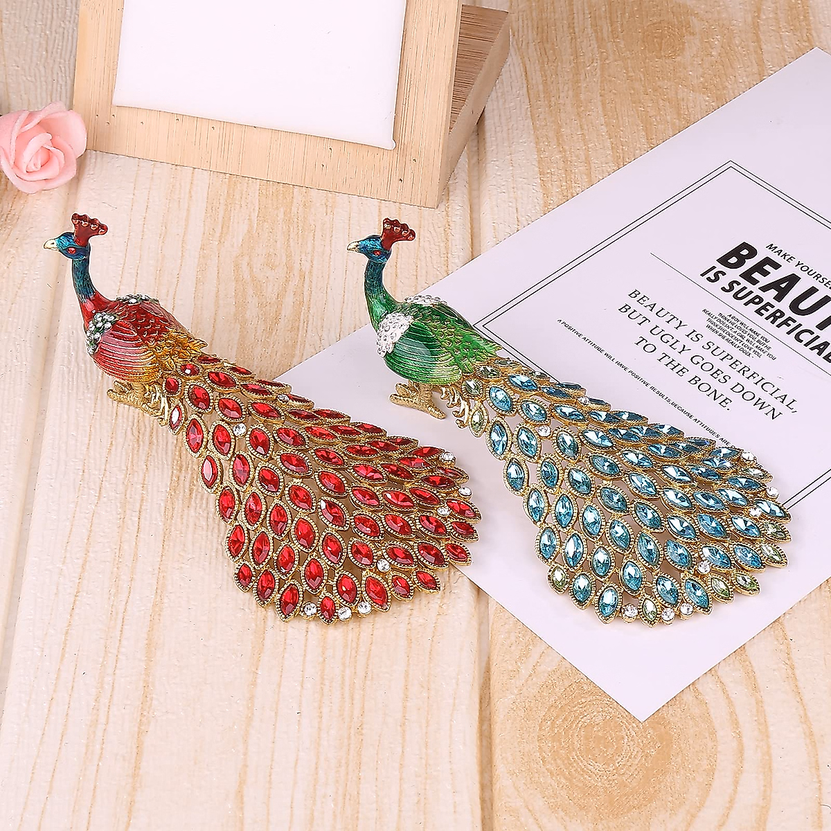 Ingbear Green Peacock Figurine Hinged Trinket Box For Women, Unique Gift for Mother's Day, Home Decor with Rhinestone and Crystal, Hand-Plated Enameled Jewelry Box