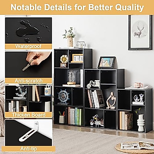 VECELO Wide 8-Cube Wood Organizer Bookcase Sets, Fits Tallest Hardcovers, 3-Tier Customized Storage Display Shelf, Free Standing for Living Room, Bedroom, Kids Room, Office, Black