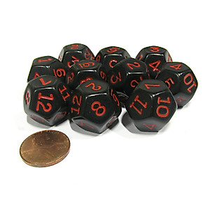 Koplow Games Set of 10 D12 12-Sided 18mm Opaque RPG Dice - Black with Red Numbers
