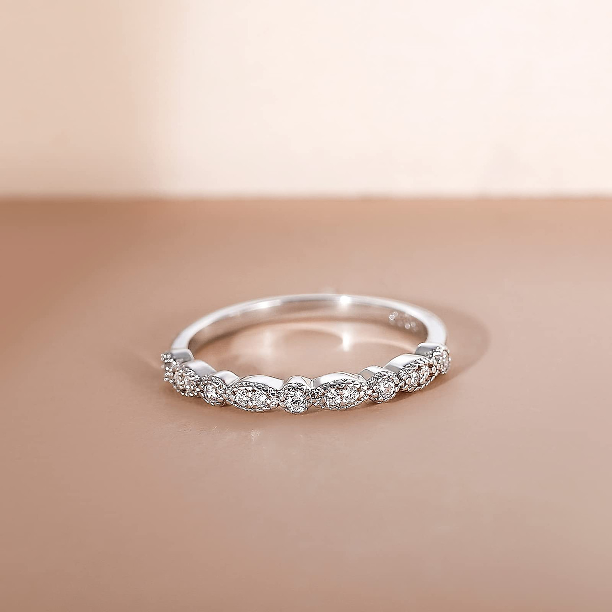 EAMTI 925 Sterling Silver Wedding Band for Women Cubic Zirconia Marquise & Round Milgrain Half Eternity Stackable Ring Size 6