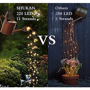 220LED Upgrade Solar Fairy Lights Outdoor Waterproof,11 Strand Solar Firefly Bunch Lights with 8 Flashing Modes Solar Waterfall Lights, Solar Watering Can Lights Garden Tent String Light (Warm White)