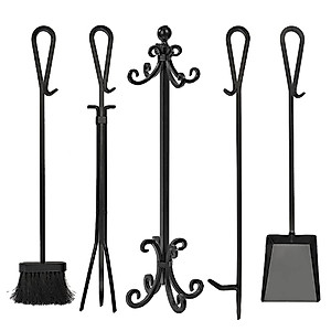 AMAGABELI GARDEN & HOME 5 Pieces Fireplace Tools Set Black Cast Wrought Iron Tool Set with Log Holder Fire Set Stand Scroll Rustic Antique Accessories Set
