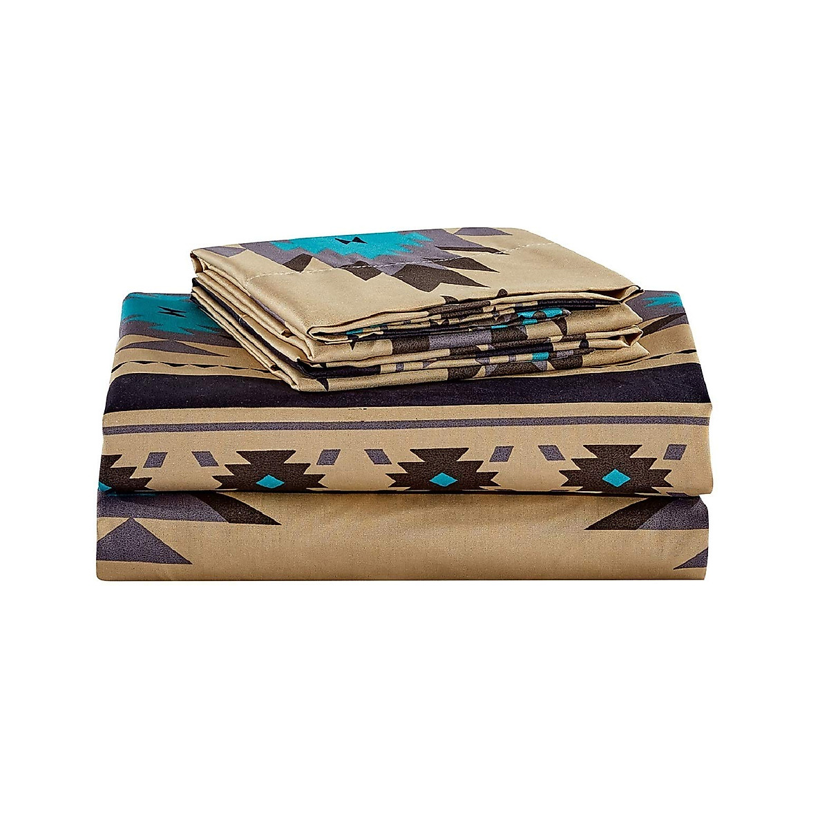 Chezmoi Collection Prescott 4-Piece Southwestern Geometric Tribal Multicolor Teal Beige Black Gray Sheet Set, Full Size