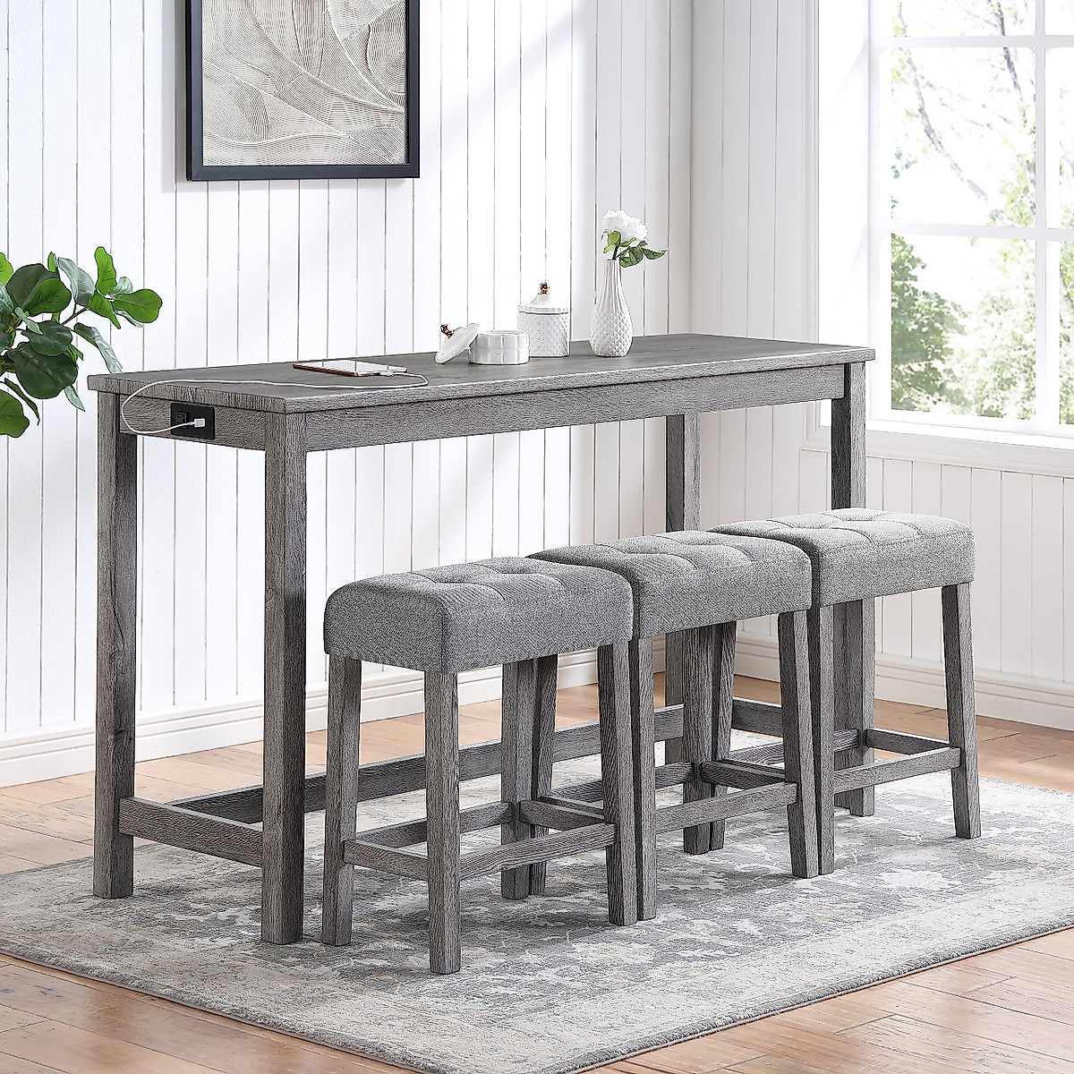 LKTART 4 Piece Bar Table Set Dining Bar Table and Chairs Set with Power Outlet Industrial Breakfast Table with 3 Padded Stools Rustic Bar Kitchen Dinning Room Living Room Grey