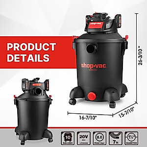 Shop-Vac 10 Gallon Wet Dry Vacuum Cleaner, 8.0 Peak Kpa Shop Vacuum with Blower Function, Cordless Vacuum Cleaner for Pet Hair, Jobsite, Garage, Home & Workshop
