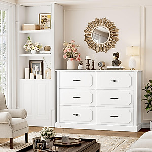 FINETONES White Dresser 6 Drawer, 47.2'' White Dresser Chest of Drawers, Farmhouse Wide Dresser White Chest of Drawers with Designed Drawer Surfaces, 6 Drawer Dresser Storage Organizer