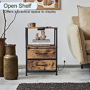 YBING Nightstand with Charging Station End Table with USB Ports and Outlets Bedside Table with Open Shelf Side Table with Fabric Drawers Industrial Night Stand for Bedroom Living Room (Brown)