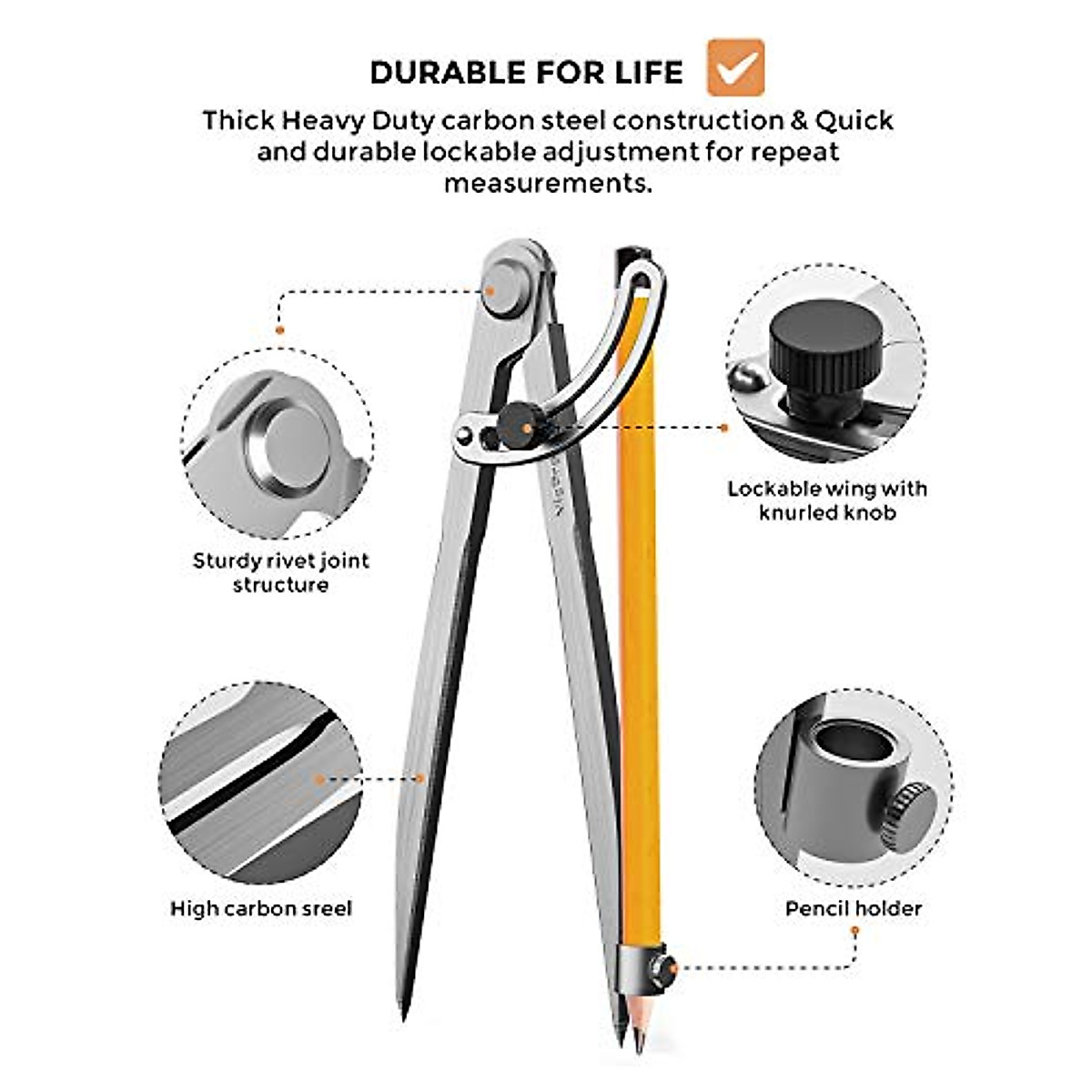 Nicpro 8 Inch Compass for Woodworking with Wing and Pencil Holder, Professional Carpenter Pencil Compass Great for Geometry, Drawing, Drafting