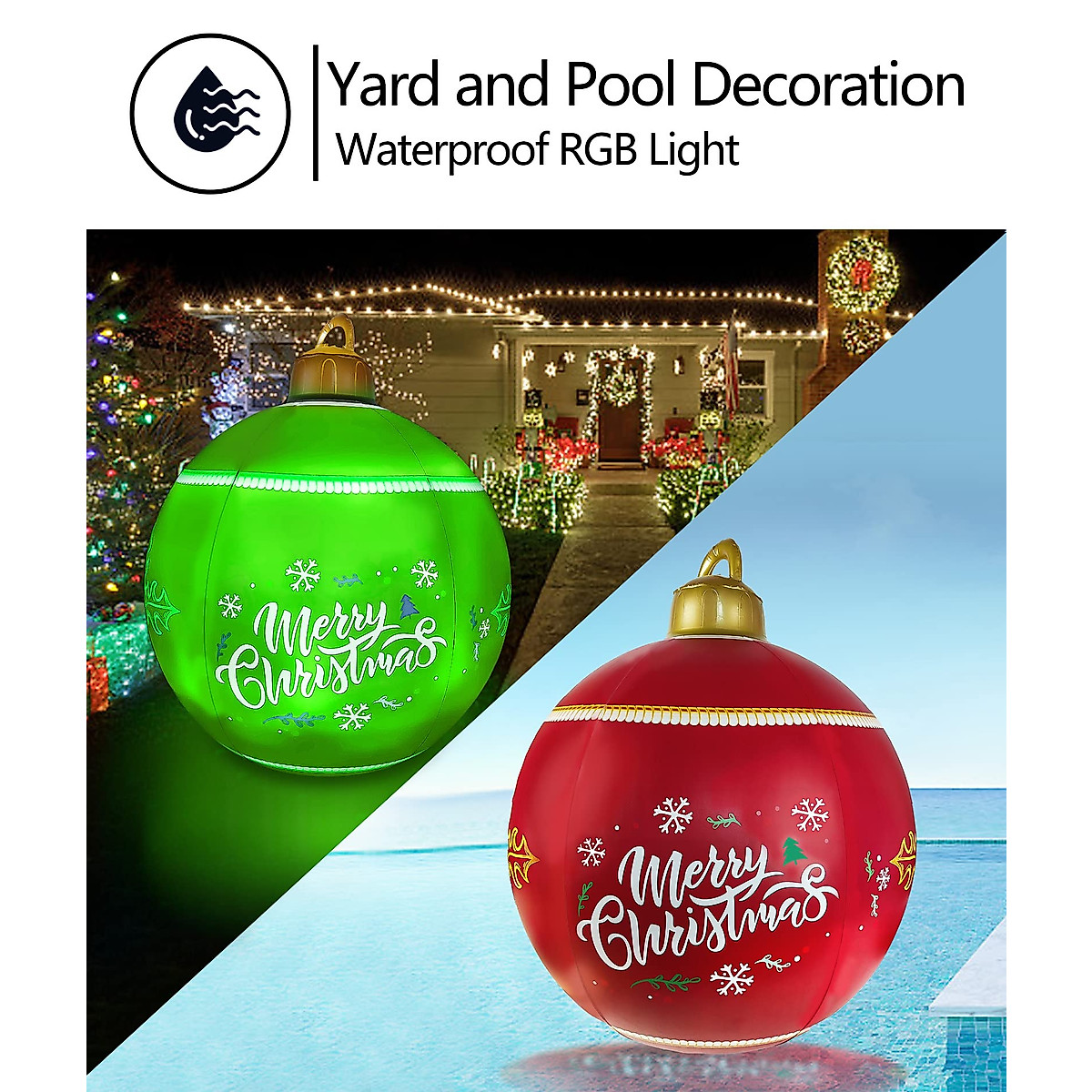 IOKUKI Light Up PVC Inflatable Christmas Ball, 24 Inch Large Outdoor Christmas PVC Inflatable Decorated Ball with Rechargeable LED Light & Remote for Outdoor Yard & Pool Decorations 1 PCS