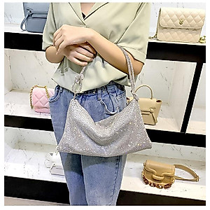 Rhinestone Hobo Bag for Womens Chic Sparkly Evening Handbag Clutch Bag Shiny Purse for Party Club Wedding (Silver)