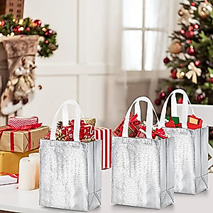 Elsjoy 40 Pack Glossy Reusable Grocery Bags, 10 x 8 Inch Non-woven Tote Shopping Bags with Handle, Silver Shiny Gift Bags Stylish Shopping Bags for Birthday, Wedding, Party, Business