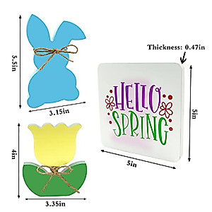 Ahzemepinyo 5 Pieces Easter Bunny Table Wooden Sign Wooden Tulips Tiered Tray Decor Hello Spring Wood Tabletop Decoration for Happy Easter Party Supplies