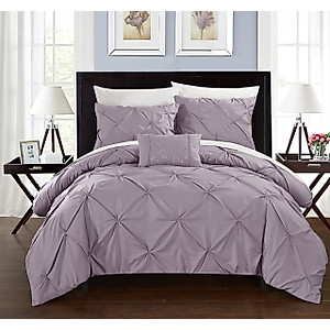 Chic Home Daya 4 Piece Duvet Cover Set Ruffled Pinch Pleat Design Embellished Zipper Closure Bedding, King, Lavender,