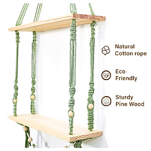 Macrakido - Macrame Wall Hanging 2-Tier Shelf, Boho Floating Wooden Shelves with Green Woven Rope and Leaf Decor,Plant Display for Bedroom, Dorm, Nursery, Living Room, and Bathroom Wall Decor
