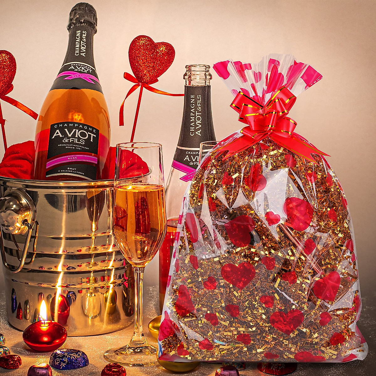 Kolewo4ever 40pcs Heart Cellophane Basket Bags Set 20pcs Heart Cellophane Wrap Clear Basket Bags With 20pcs Red Pull Bows for Valentine, Weddings, Bridal or Baby Showers (12x18inches)