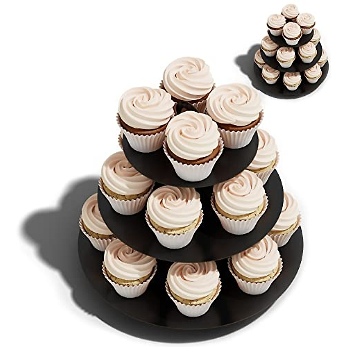 2 Pack Cupcake Stand Tower, BLISSUR Black 3 Tier Cupcake Stand, Cardboard Dessert Cupcake Stand Holder for Parties, Tiered Cupcake Stand (Black)