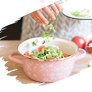 TJLSS Enamel Soup Pot with Lid Household Milk Pot Noodle Pot Binaural Cherry Blossom Powder