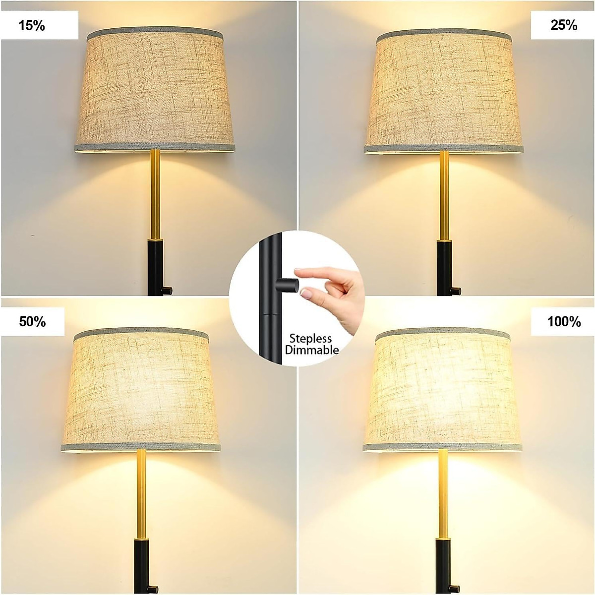 Dimmable Floor Lamp, 1100 Lumens LED Bulb Included, Gold Floor Lamps for Living Room Modern Standing Lamp with Natural Linen Shade, Tall Lamp for Living Room Bedroom Office Reading Dining Room