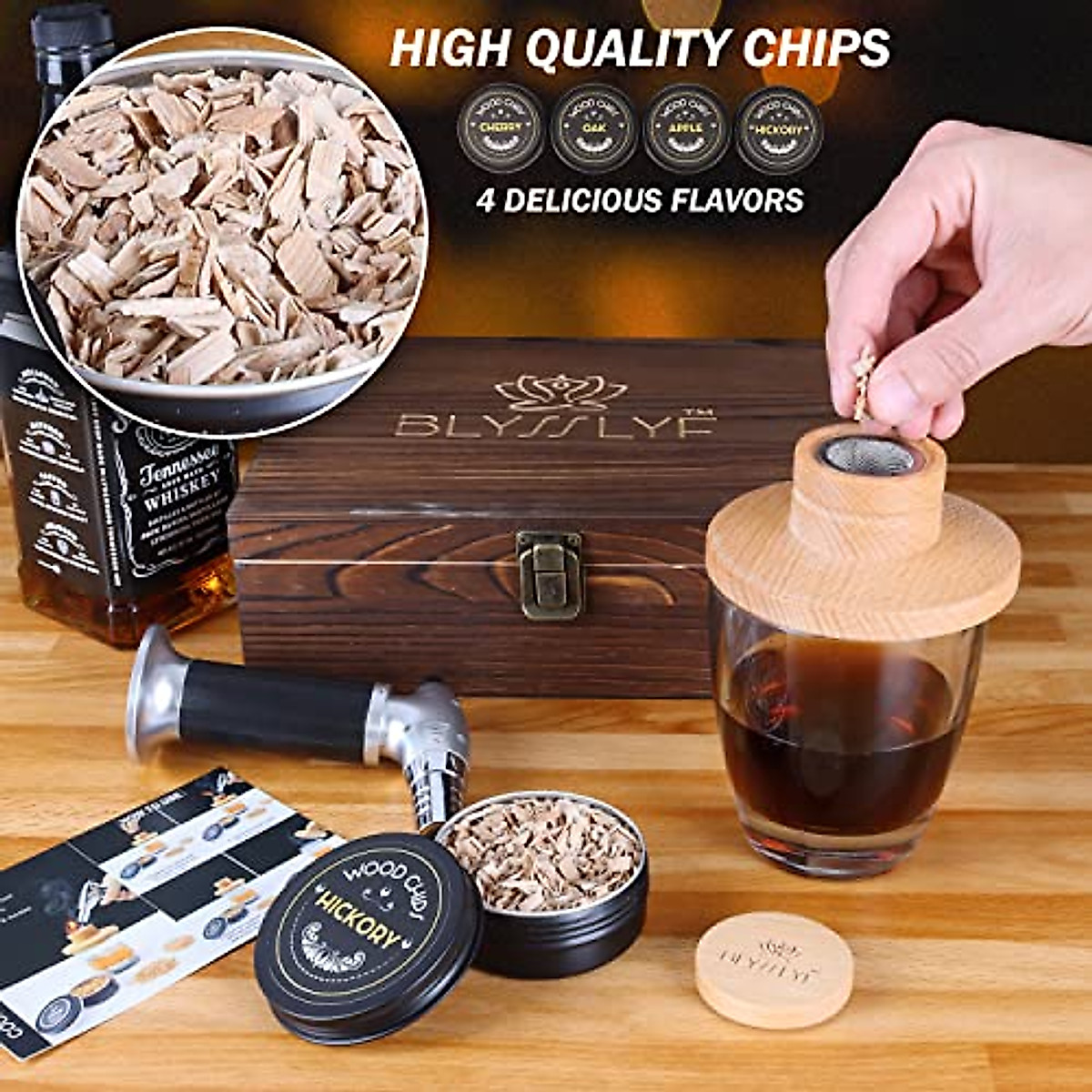 Old Fashioned Cocktail Smoker Kit with Torch and Wooden Storage Box - 10 Pcs Infuser Set with 4 Flavours of Wooden Smoker Chips for Whiskey and Bourbon Drinks - Great Gift for Classic Men (NO BUTANE)
