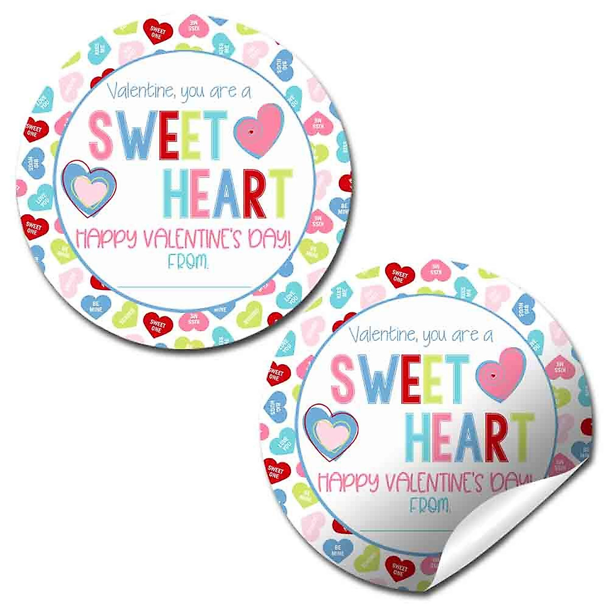 You're A Sweetheart Candy Heart Valentine Party Favor Sticker Labels for Kids, 40 2" Party Circle Stickers by AmandaCreation, Great for Classroom Valentines, Envelope Seals, More