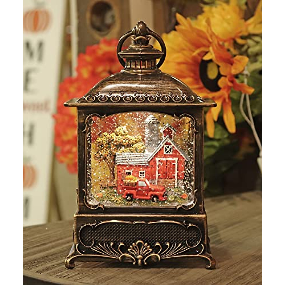 Harvest Lighted Water Lantern in Swirling Glitter - Harvest Scene with Red Truck, Red Barn