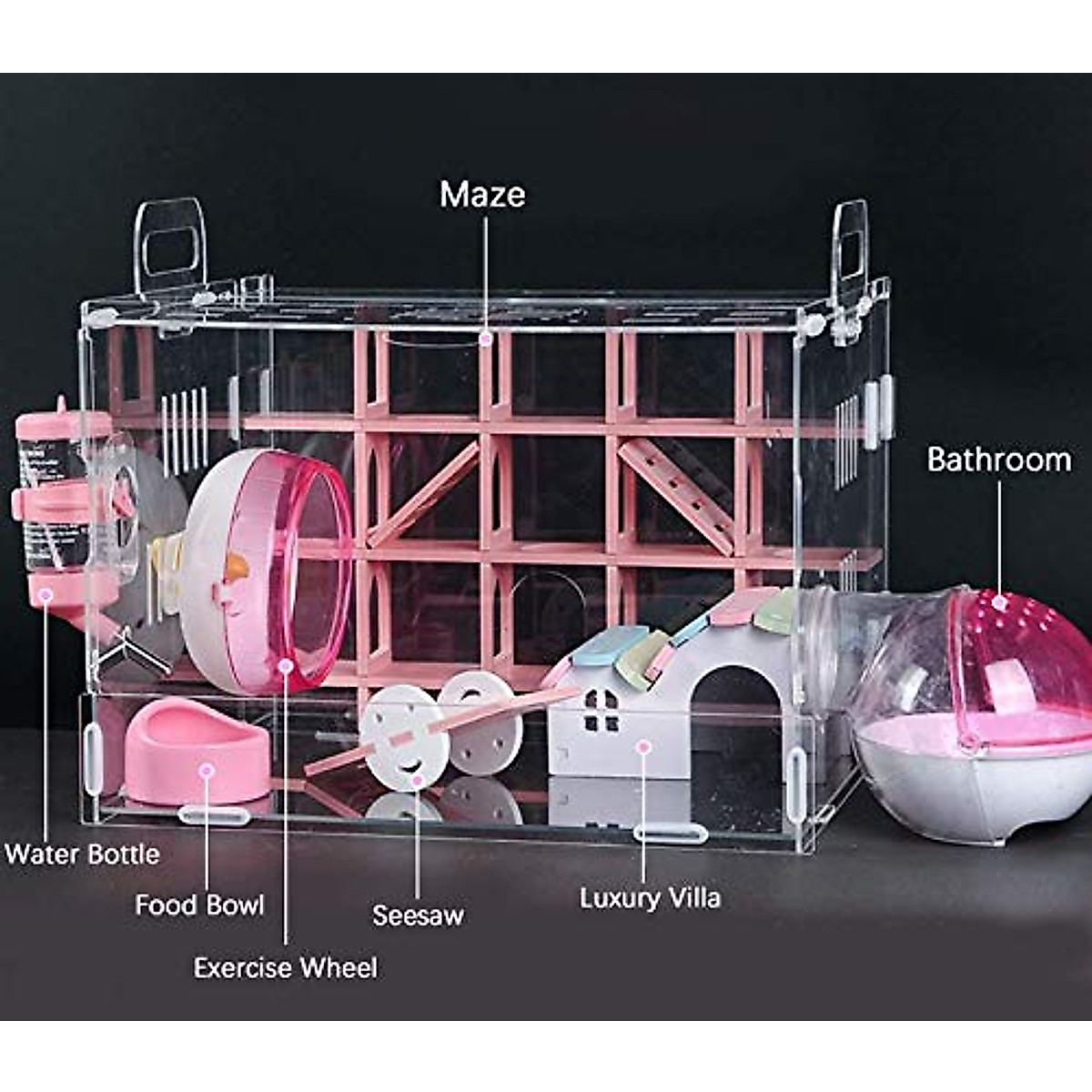 Nynelly Hamster Cage,Transparent Durable Small Animal Cage and Habitats House,Include Hamster Maze,Exercise Wheel, Water Bottle, Hamster Hideout, Food Bowl,Pink,13" L x 11.4" W x 11.4" H
