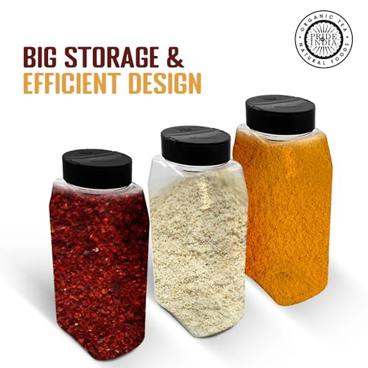 Pride Of India Large Clear Plastic Spice Jars w/Dual Sifter Cap | Food Grade BPA Free USA Made | 32 Fluid Ounce Capacity