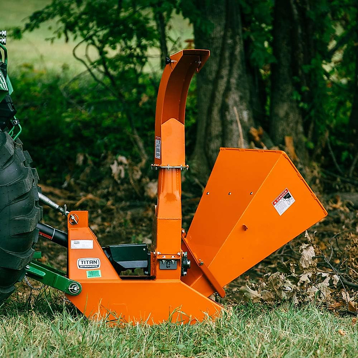 Titan Attachments 3 Point Wood Chipper, PTO Driven for Tractors Up to 70HP, 3 Point Hitch Mounting, Self-Feeding Chute, Adjustable Discharge, Reversible Blades, Shredder Mulcher Operates at 540 RPM