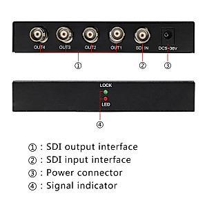 Wiistar SDI 1x4 Splitter Black Amplifier Splitter 1 in to 4 Out SD-SDI HD-SDI 3G-SDI Repeater Extender