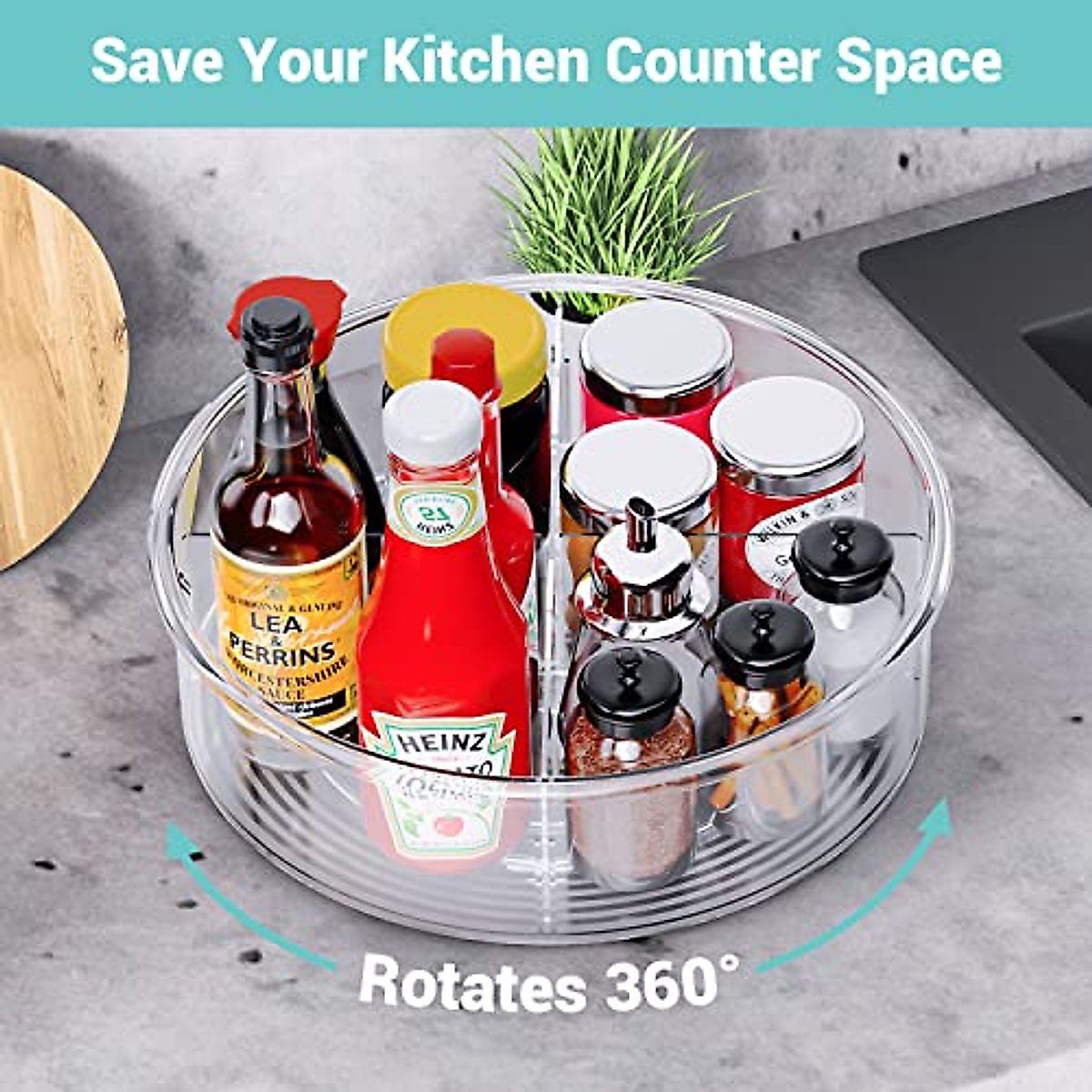 Lazy Susan Turntable, Ohuhu 2 Pack Lazy Susan Organizer 12" & 10.4'' Round Plastic Clear Lazy Susans Spice Rack Non-Skid Turntable Organizer with 2 Division Plate for Cabinet Pantry Fridge Countertop