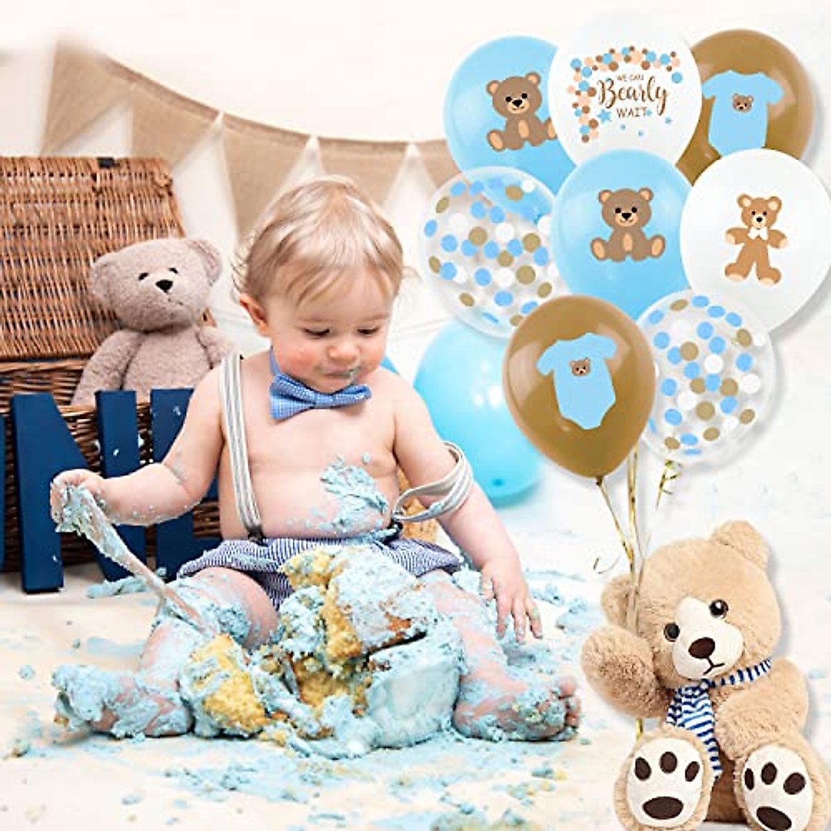 45Pcs Blue Bear Baby Shower Party Balloons, 12" Latex Printed We Can Bearly Wait Brown Creamy Bear Balloon Decor for It's A Boy Gender Reveal Kid Birthday Wedding Photo Prop Party Decorations Supplies