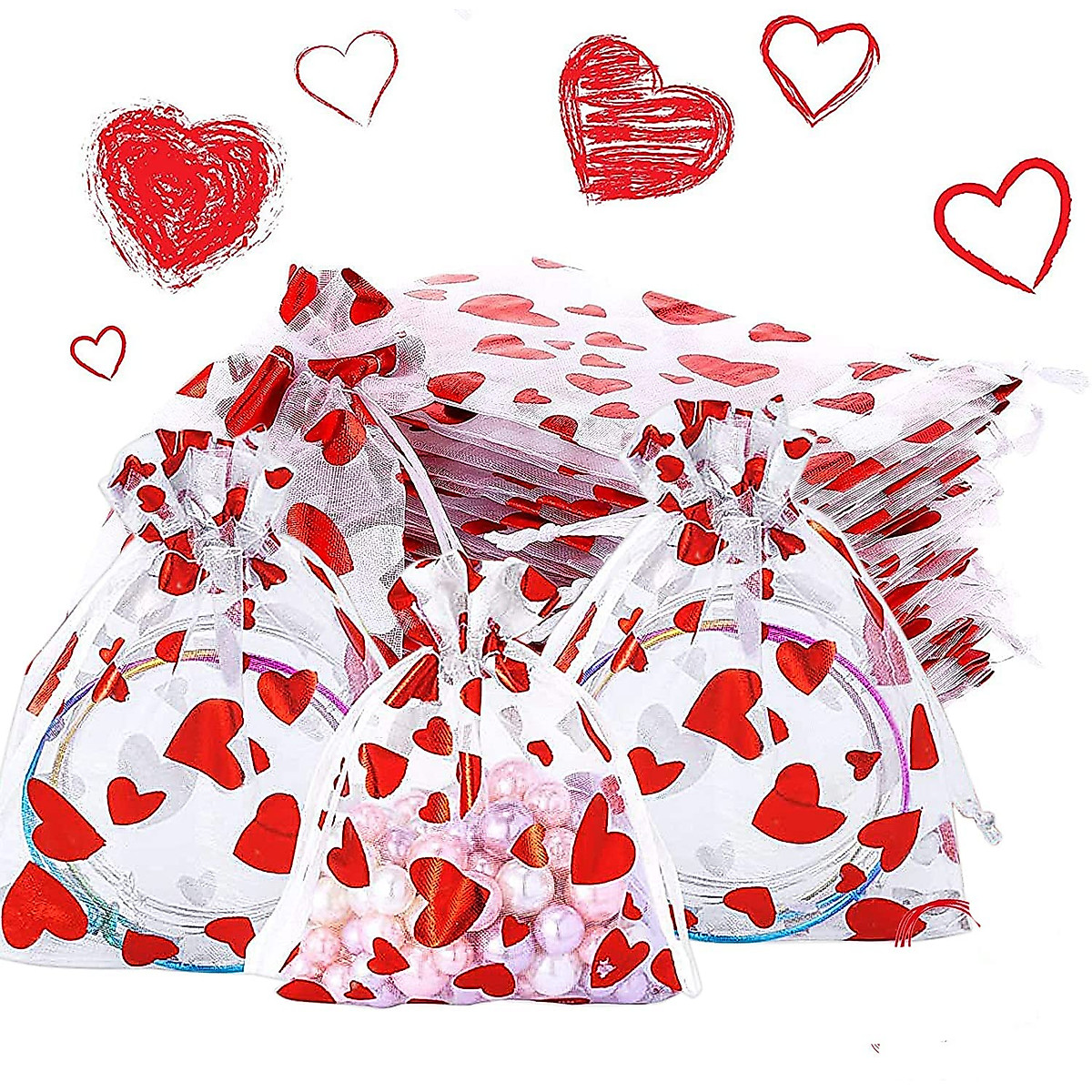 Moonear Heart Candy Bag Organza Jewelry Pouches, Valentine's Drawstring Gift Pouch for Valentine's Day Wedding Party Favor(50pcs)