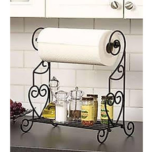 COUNTER TOP SCROLL METAL DESIGN PAPER TOWEL HOLDER WITH SHELF - BLACK