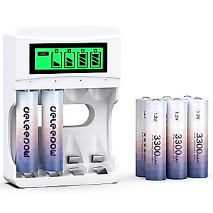 Deleepow Rechargeable AA Batteries with Charger 3300mAh Nimh AA Rechargeable Batteries 8 Count 1.2V 1200 Cycle with LCD Charger High Capacity Performance