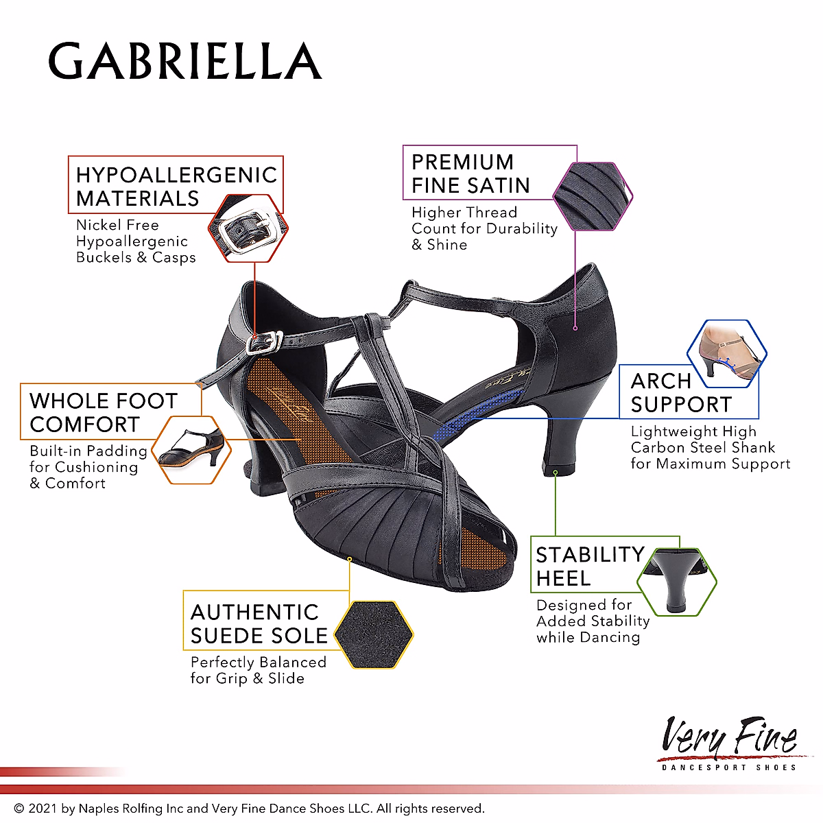 Very Fine Womens Dance Shoe Gabriella Bachata Swing Salsa Latin Ballroom Black Satin 2.5" Heel 8.5 US