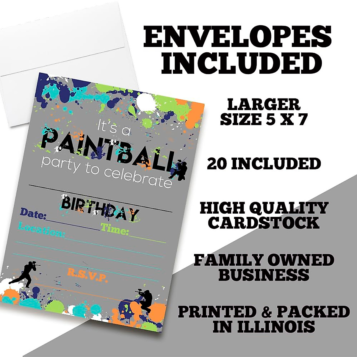 Paintball Themed Birthday Party Invitations, 20 5x7 Fill In Cards with Twenty White Envelopes by AmandaCreation