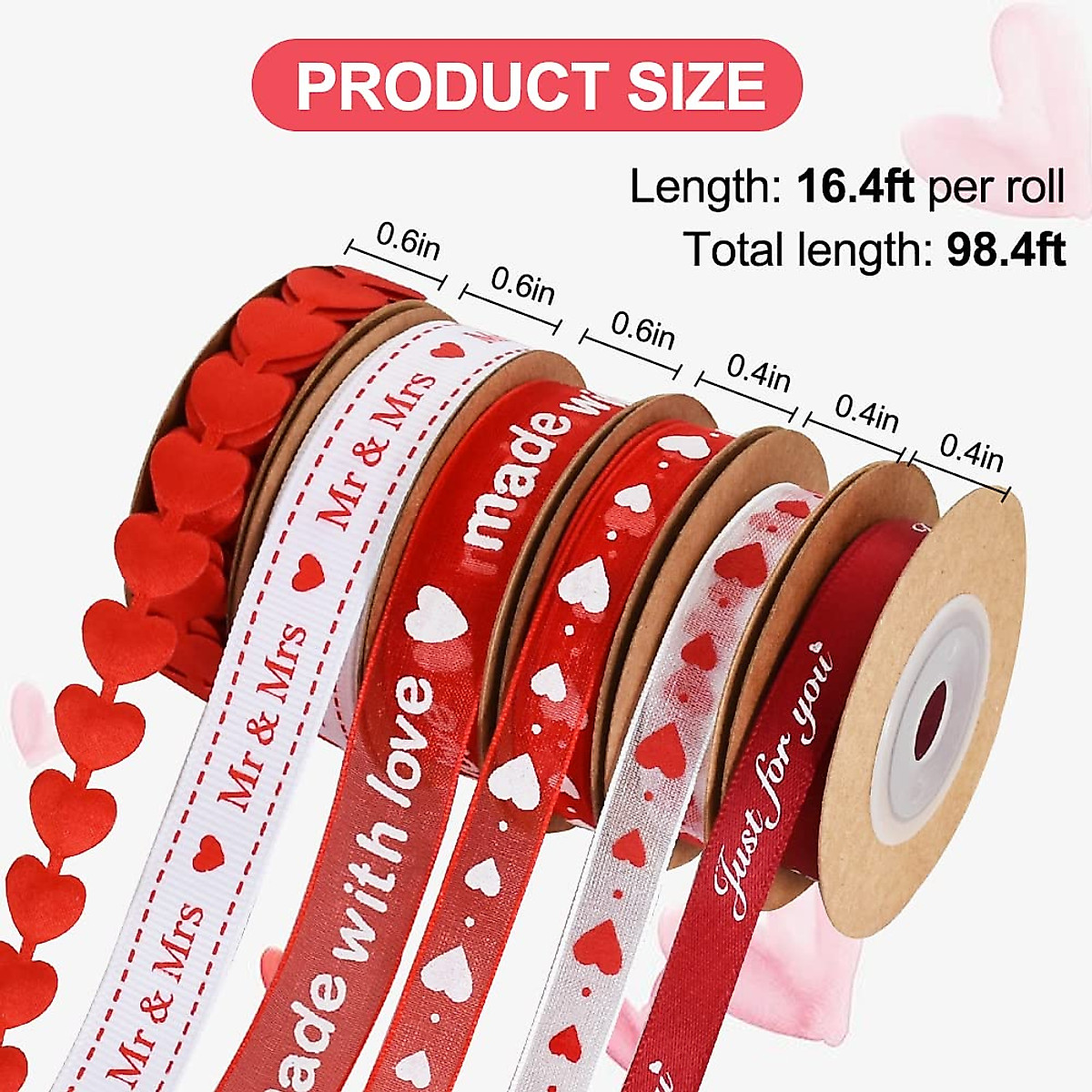 6 Rolls Valentine's Day Ribbon Set Organza Love Heart Printed Grosgrain Satin Ribbon for Wreaths Bows DIY, Gift Wrapping, Wreath, Wedding Decorations on Valentine's Day (98.4 Ft ，33Yards)