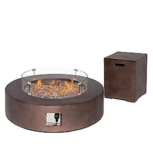 HOMPUS Outdoor Propane Fire Pit Table 42-inch 50,000 BTU Round Bronze Concrete Gas Fire Table w Tank Cover,Wind Guard,Lava Rocks,Rain Cover Smokeless FirePit for Outside Patio,Garden,Deck,Backyard