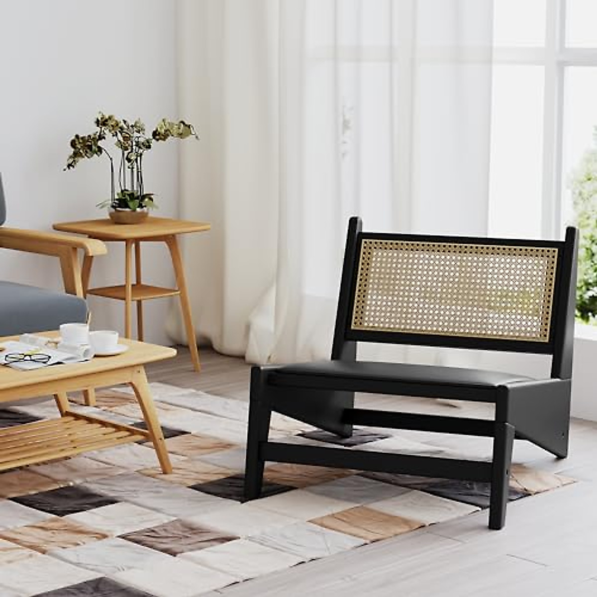 SHINEBOOM Accent Rattan Chairs Mid Century Mordern Boho Side Corner Comfy Chair for Living Room Bedroom Balcony Reading, Black