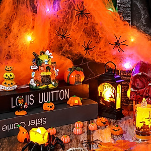 Barydat 18 Pcs Halloween Village Accessories Set Halloween Miniature Figurines Decoration Ornaments Pumpkin House Pumpkin Statues LED Pumpkin Spiderweb Halloween Crafts DIY Garden Table Decor