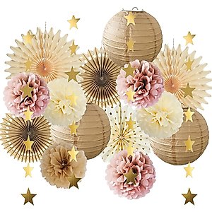 Pink and Beige Boho Party Decorations Pom Poms Dusty Pink and Brown Party Decor Neutral Blush Pink Champagne Party Decorations for Rustic Pink and Cream Birthday Baby Shower Wedding Engagement