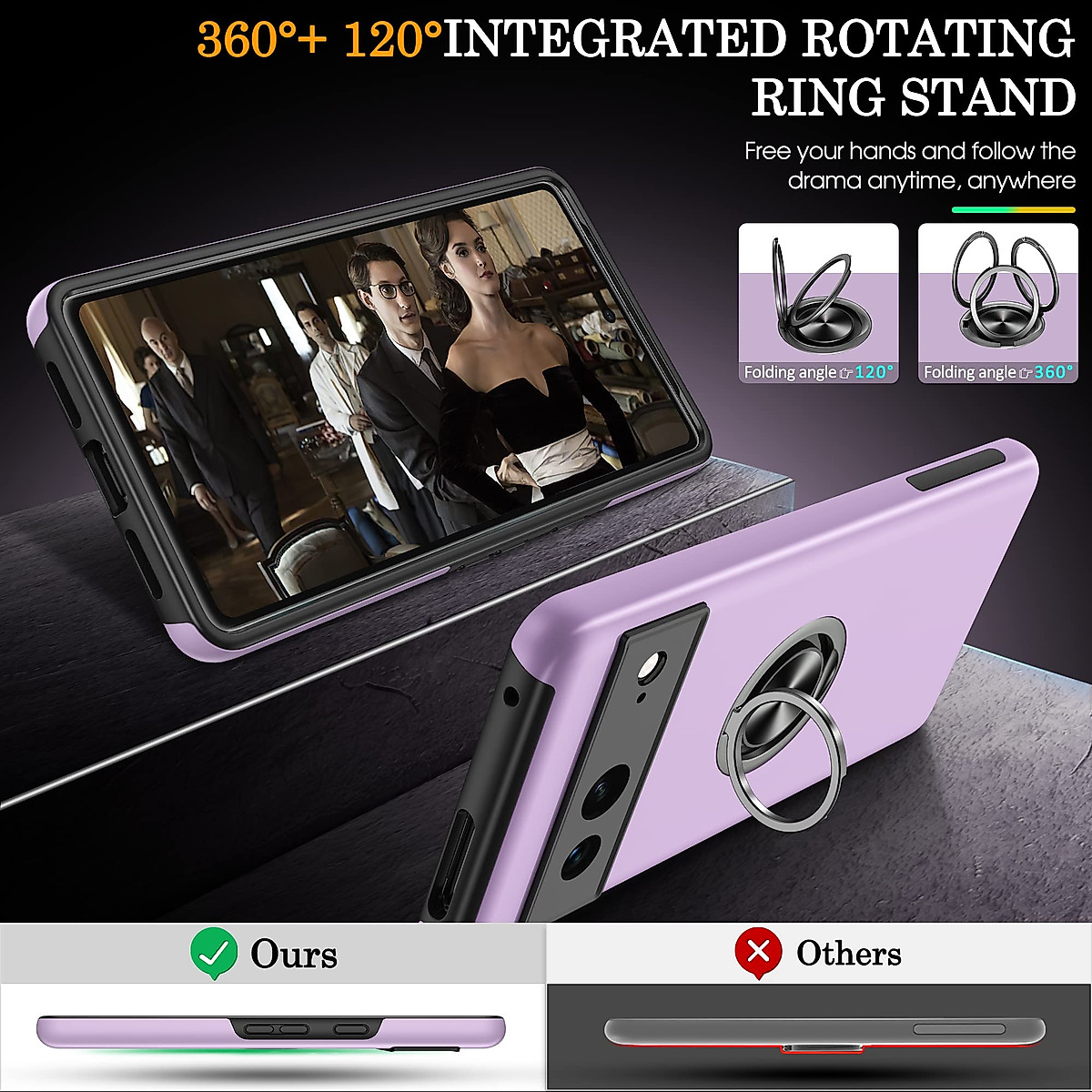 Gritup Pixel 7 Case, Google Pixel 7 Case with HD Screen Protector, Shockproof Google Pixel 7 Phone Case with 360° Magnetic Ring Holder Kickstand Phone Case for Google Pixel 7 Purple